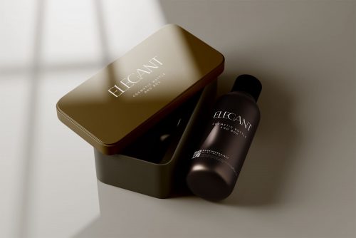 Metallic Box and Glass Bottle Packaging Free Mockups | Free Mockup World