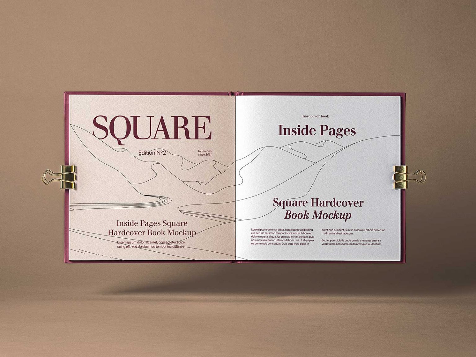 Open Square Book Free Mockup with Binder Clips | Free Mockup World